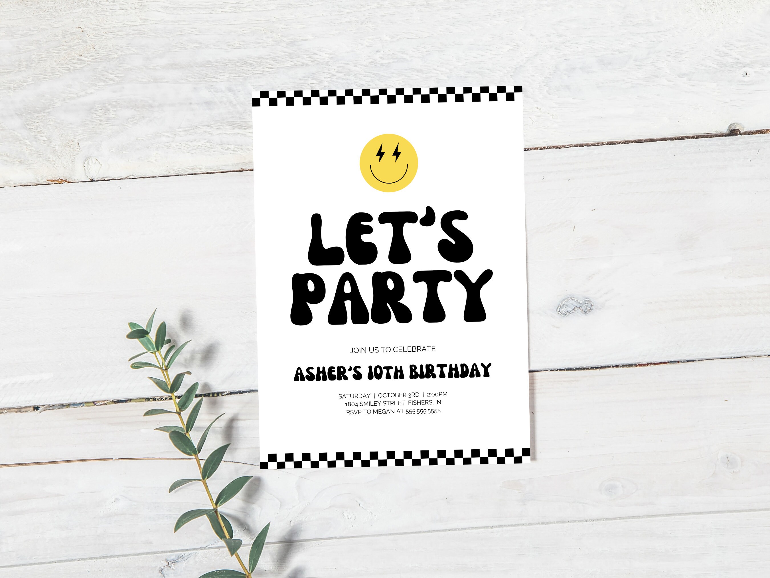 Smiley Face Birthday Invitation, Teen Birthday Party Invite, Lightening ...
