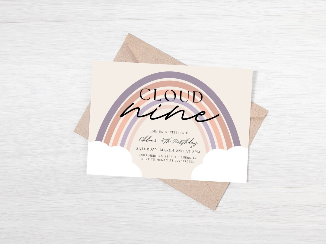 Cloud 9 Birthday Invitation, Cloud Nine Birthday Invite, Rainbow Clouds ...
