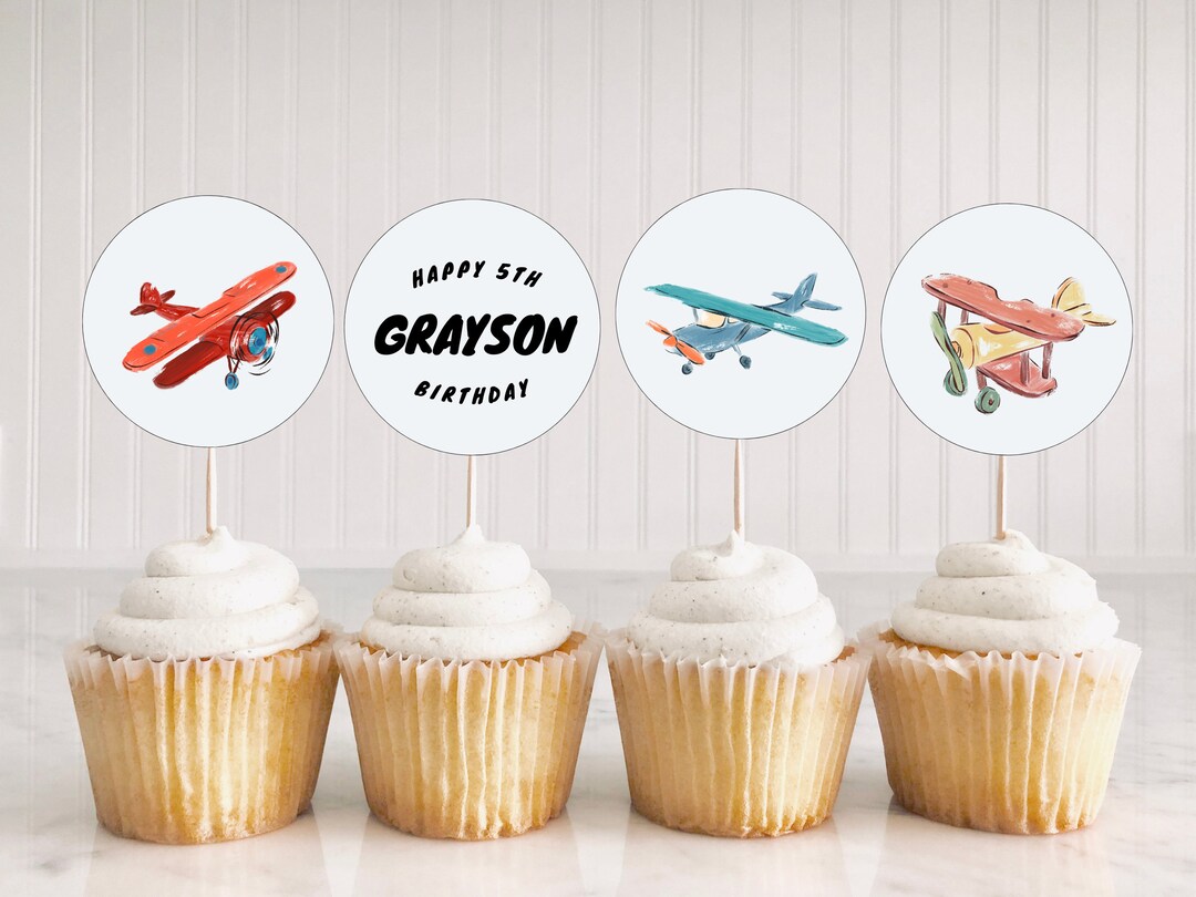 Airplane Birthday Cupcake Toppers, Plane Party Decorations, Fly on Over ...