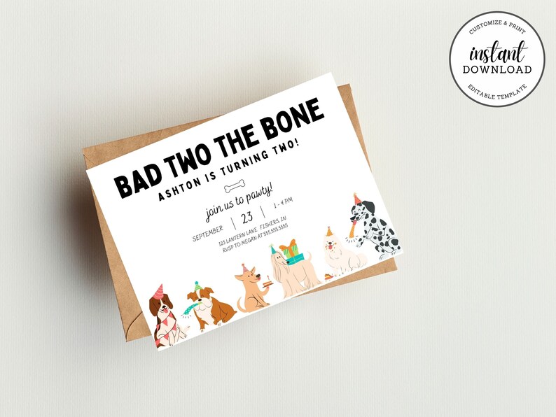 Bad Two the Bone Birthday Invitation Puppy Pawty 2nd - Etsy