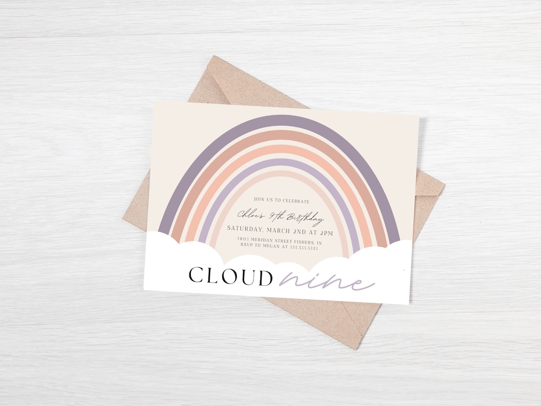 Cloud 9 Birthday Invitation, Cloud Nine Birthday Invite, Rainbow Clouds ...