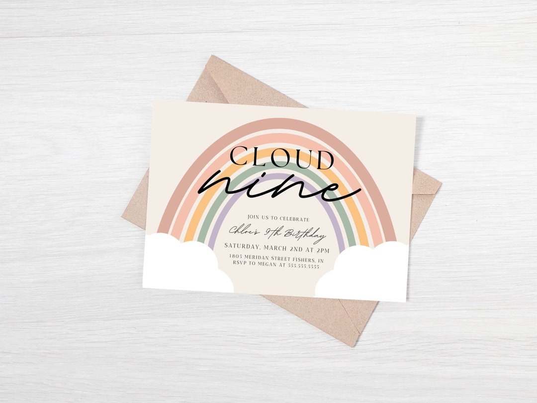 Cloud 9 Birthday Invitation, Cloud Nine Birthday Invite, Rainbow Clouds ...