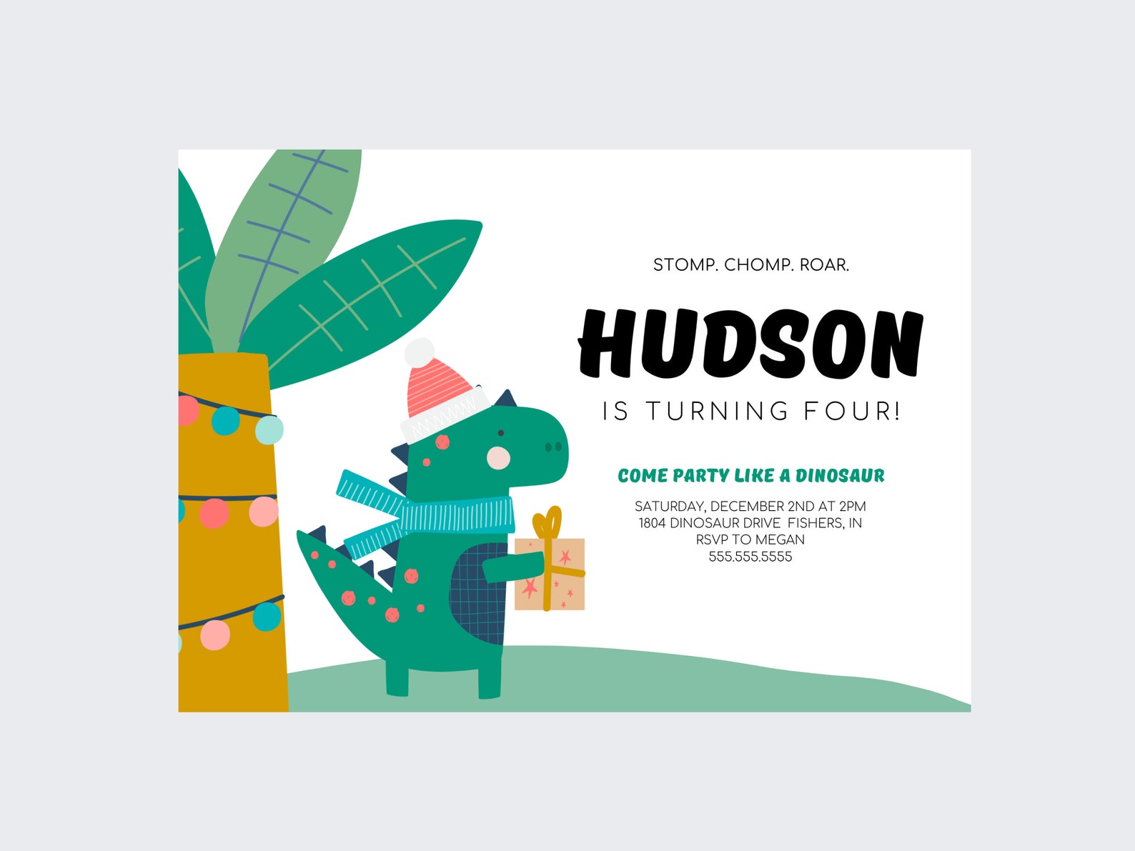 Dinosaur Birthday Party Invitation, Christmas Dinosaur Birthday, Kid ...
