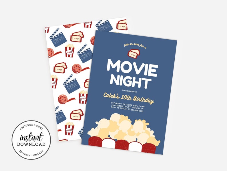 Movie Birthday Party Invitation, Movie Night Invite, Popcorn Party, Let ...