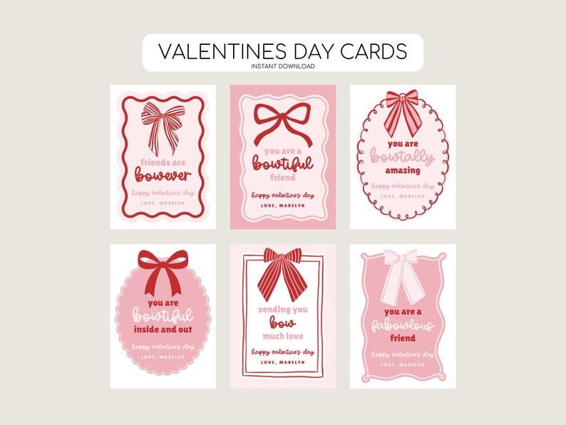 Bow Printable Valentine Cards, Coquette Bow Valentines, Modern Bow ...