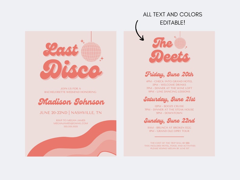 Editable Last Disco Bachelorette Party Invitation & Itinerary - Etsy