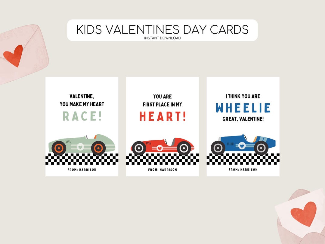 Kids Race Car Valentines Day Cards, Printable Valentines Day Tags, Boy ...