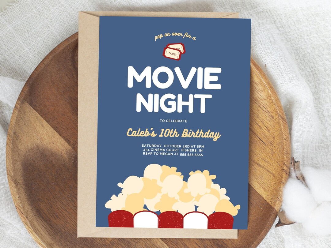 Movie Birthday Party Invitation, Movie Night Invite, Popcorn Party, Let ...