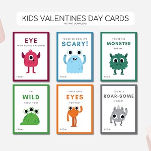 Kids Monster Valentines Day Cards, Printable Valentines Day Tags, Kid ...
