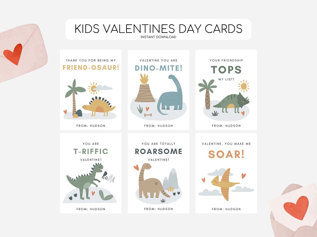 Kids Dinosaur Valentines Day Cards, Printable Valentines Day Tags, Kid ...