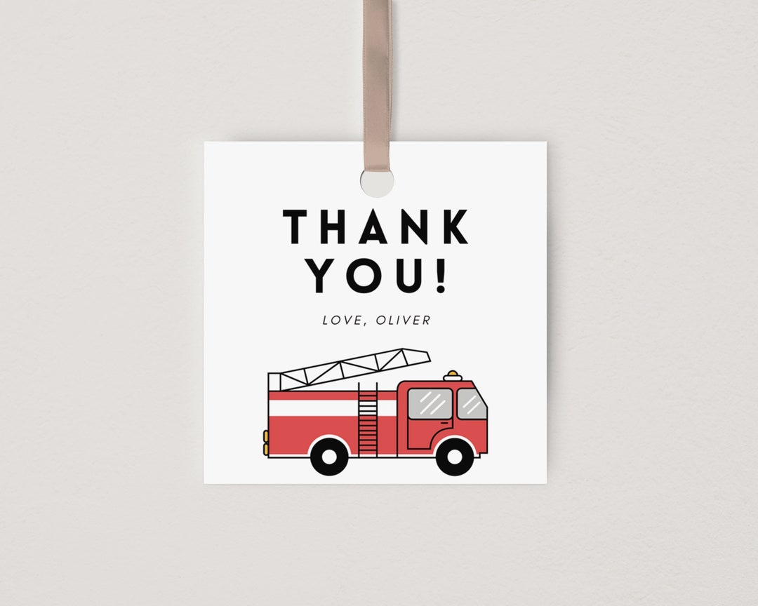 Fire Truck Birthday Thank You Tag, Fire Engine Favor Tags, Boy Birthday ...