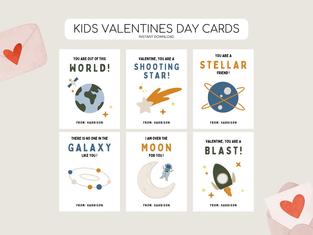 Kids Space Valentines Day Cards, Printable Valentines Day Tags, Kid ...