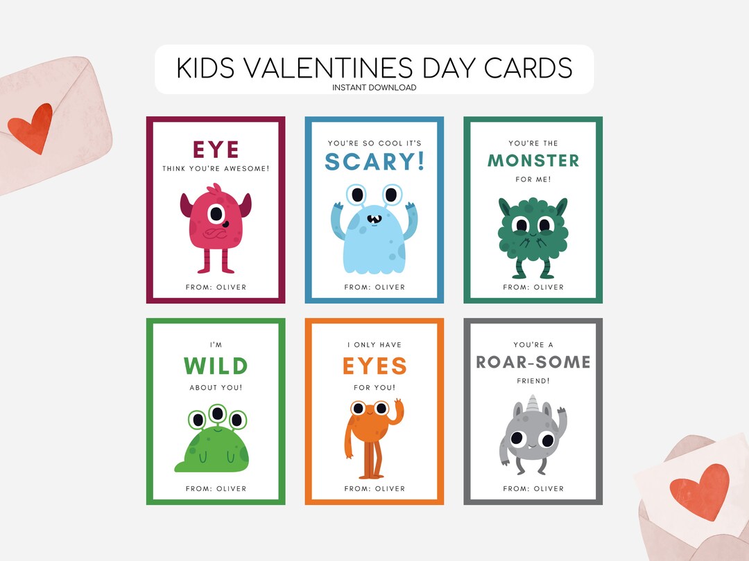 Kids Monster Valentines Day Cards, Printable Valentines Day Tags, Kid ...