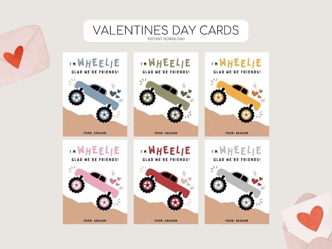 Kids Monster Truck Valentines Day Cards, Printable Truck Valentines Day ...