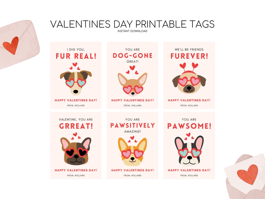 Kids Dog Valentines Day Cards, Printable Valentines Day Tags, Kid Vday ...