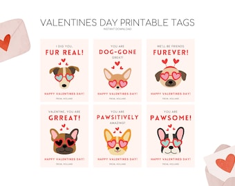 Kids Dog Valentines Day Cards, Printable Valentines Day Tags, Kid Vday ...