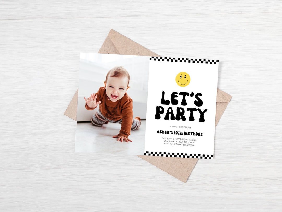 Smiley Face Photo Birthday Invitation, Birthday Party Invite, Lightning ...