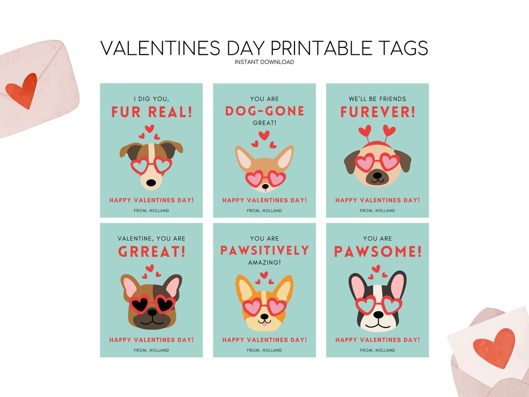 Kids Dog Valentines Day Cards, Printable Valentines Day Tags, Kid Vday ...