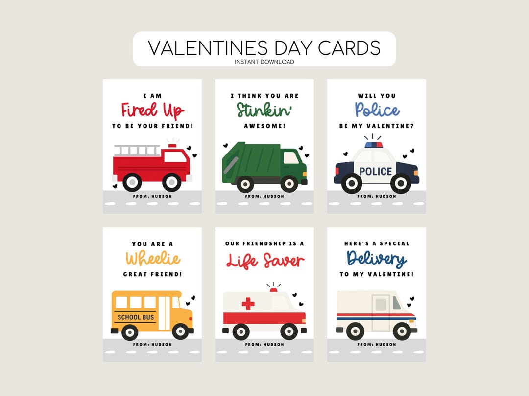 Kids Vehicle Valentines Day Cards, Boy Transportation Valentines Day ...