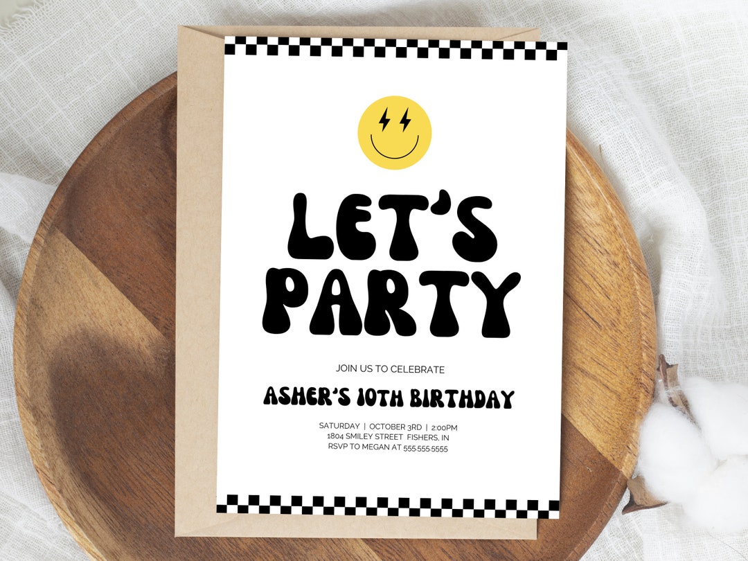 Smiley Face Birthday Invitation, Teen Birthday Party Invite, Lightening ...