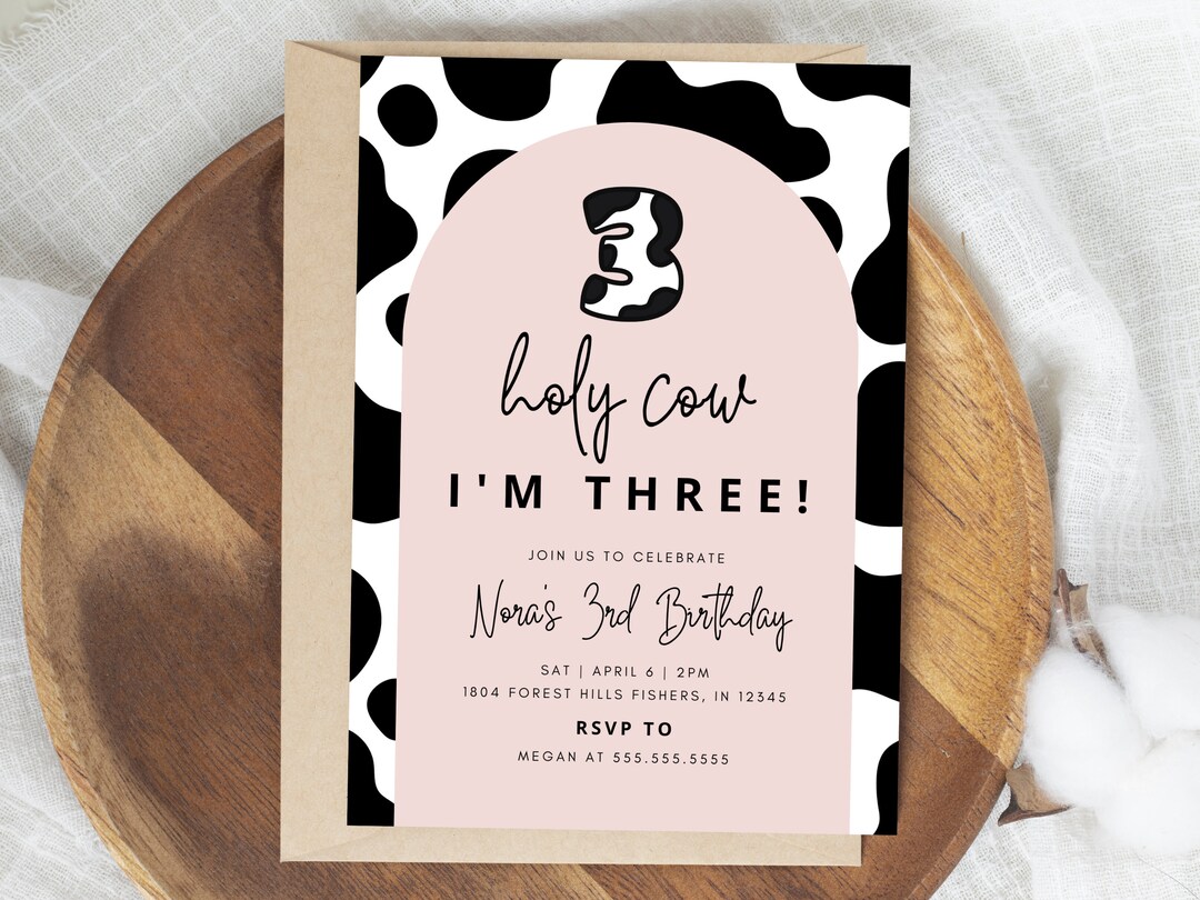 Holy Cow I'm Three Birthday Invitation, Cow Third Birthday Invitation ...