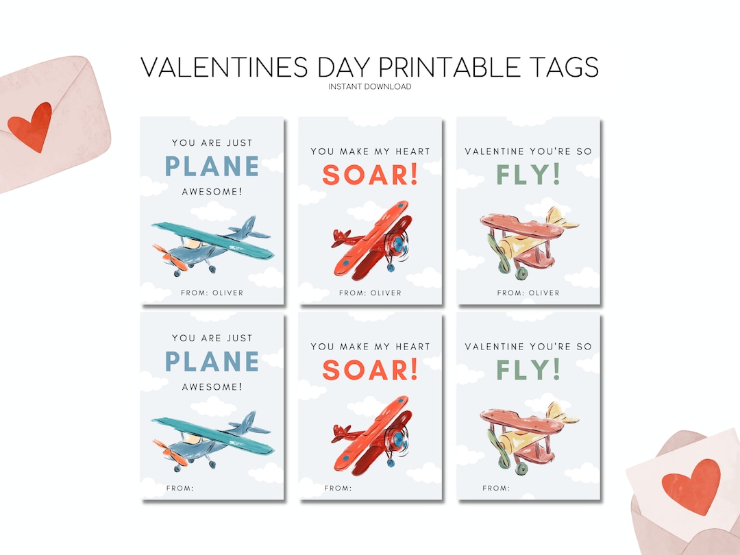 Kids Airplane Valentines Day Cards, Printable Plane Day Tags, Kid Vday ...