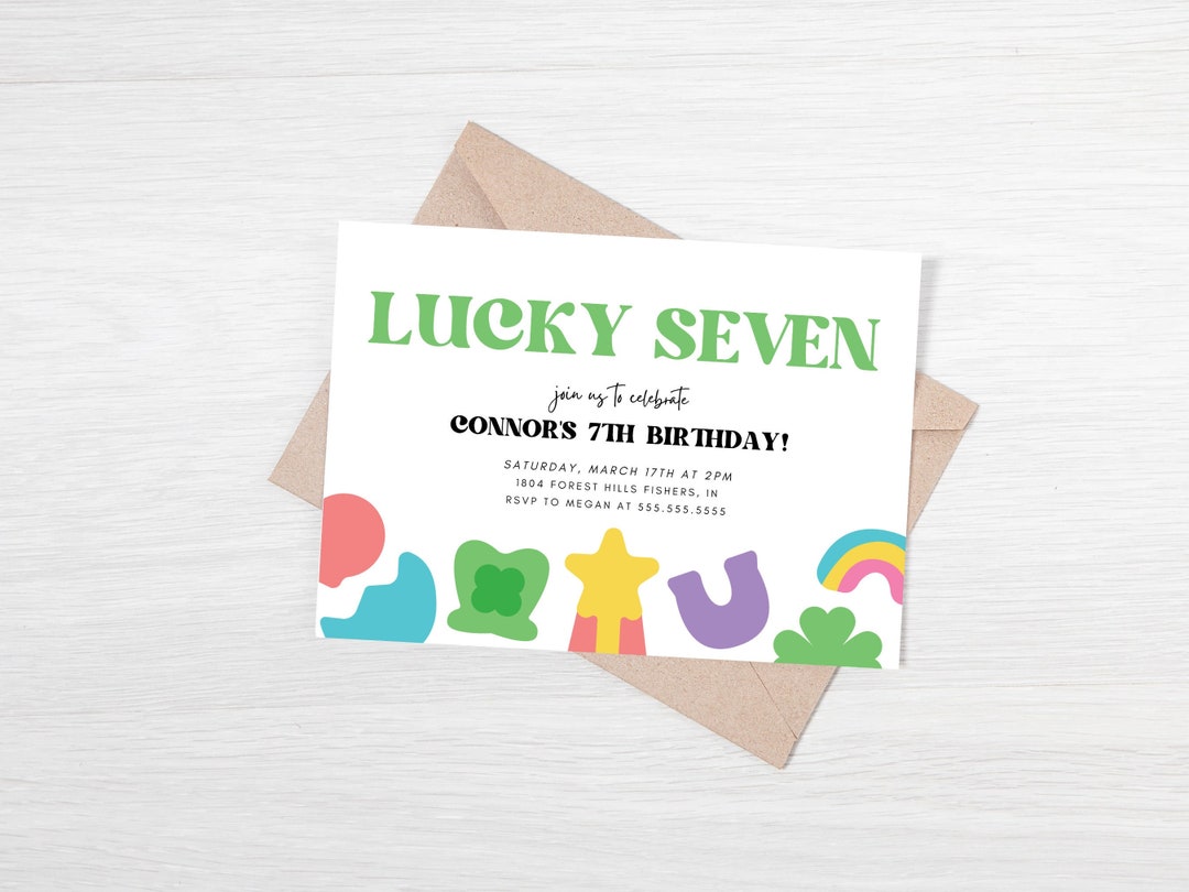 Lucky Seven Birthday Invitation, Lucky Charm Invite, St. Patricks Day ...