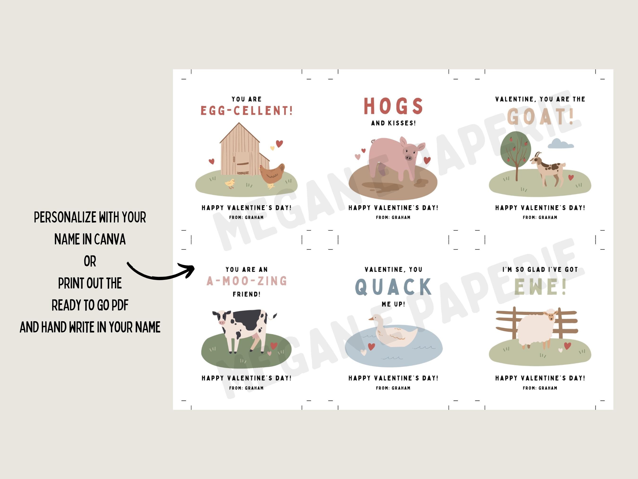 Kids Farm Animal Valentines Day Cards, Printable Valentines Day Tags ...