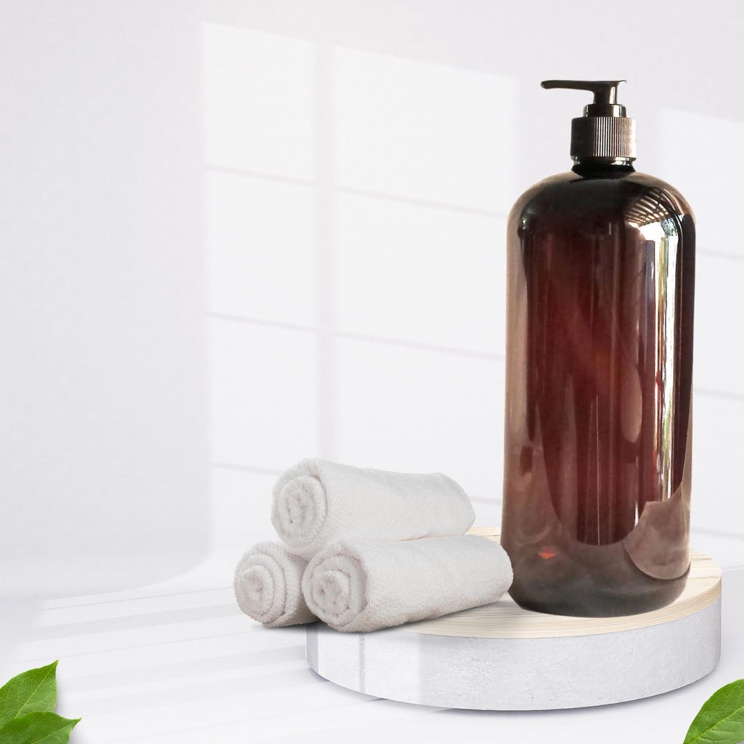 32oz Amber Plastic Bottle PET 1/pk Refillable Bottle Black Lotion Pump ...