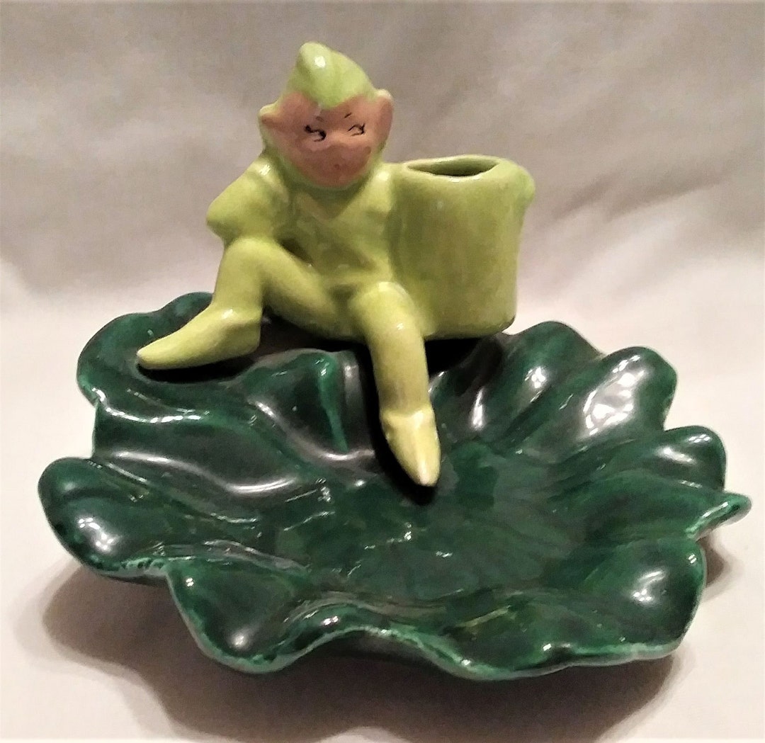 Vintage Green Gilner Pixie Sitting on Leaf Bud Vase/toothpick Holder - Etsy