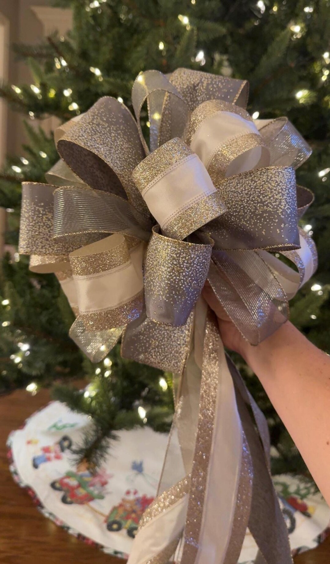 Christmas Tree Bow Topper Silver, Glitter, & Gold Ribbon - Etsy