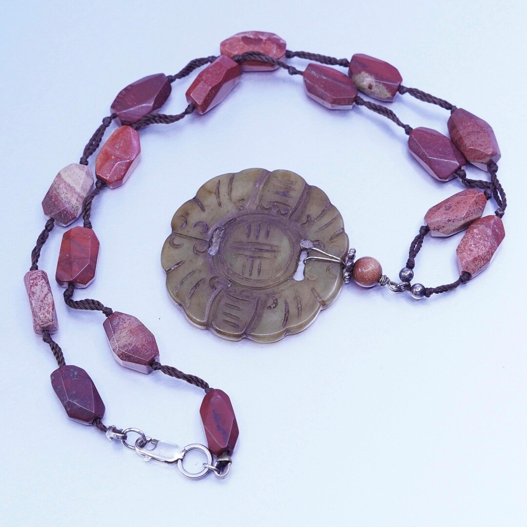 18”, Native American 925 Sterling Silver Linen Coral Necklace Jade ...