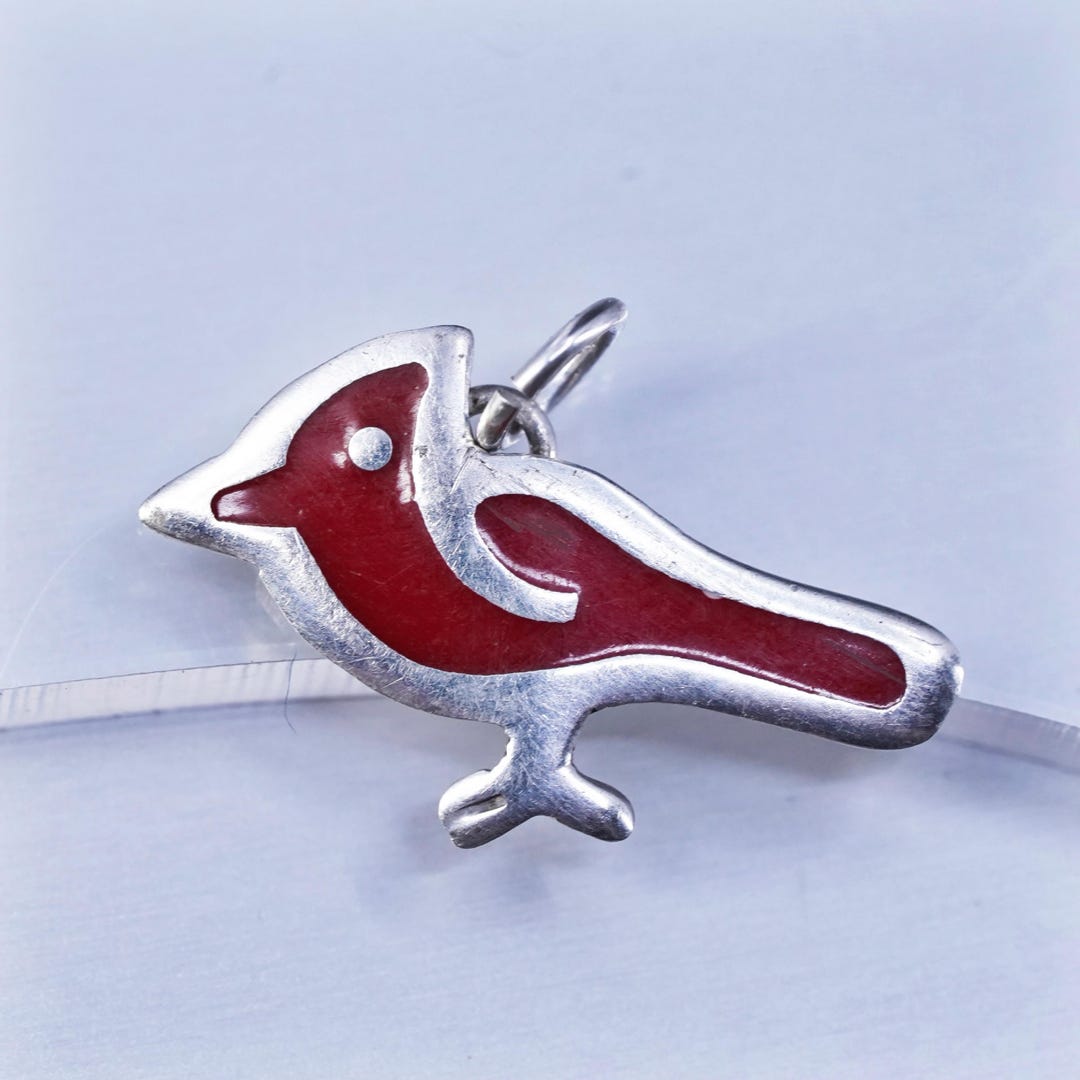 Vintage Sterling Silver 925 Handmade Bird Pendant, Red Bird Charm ...