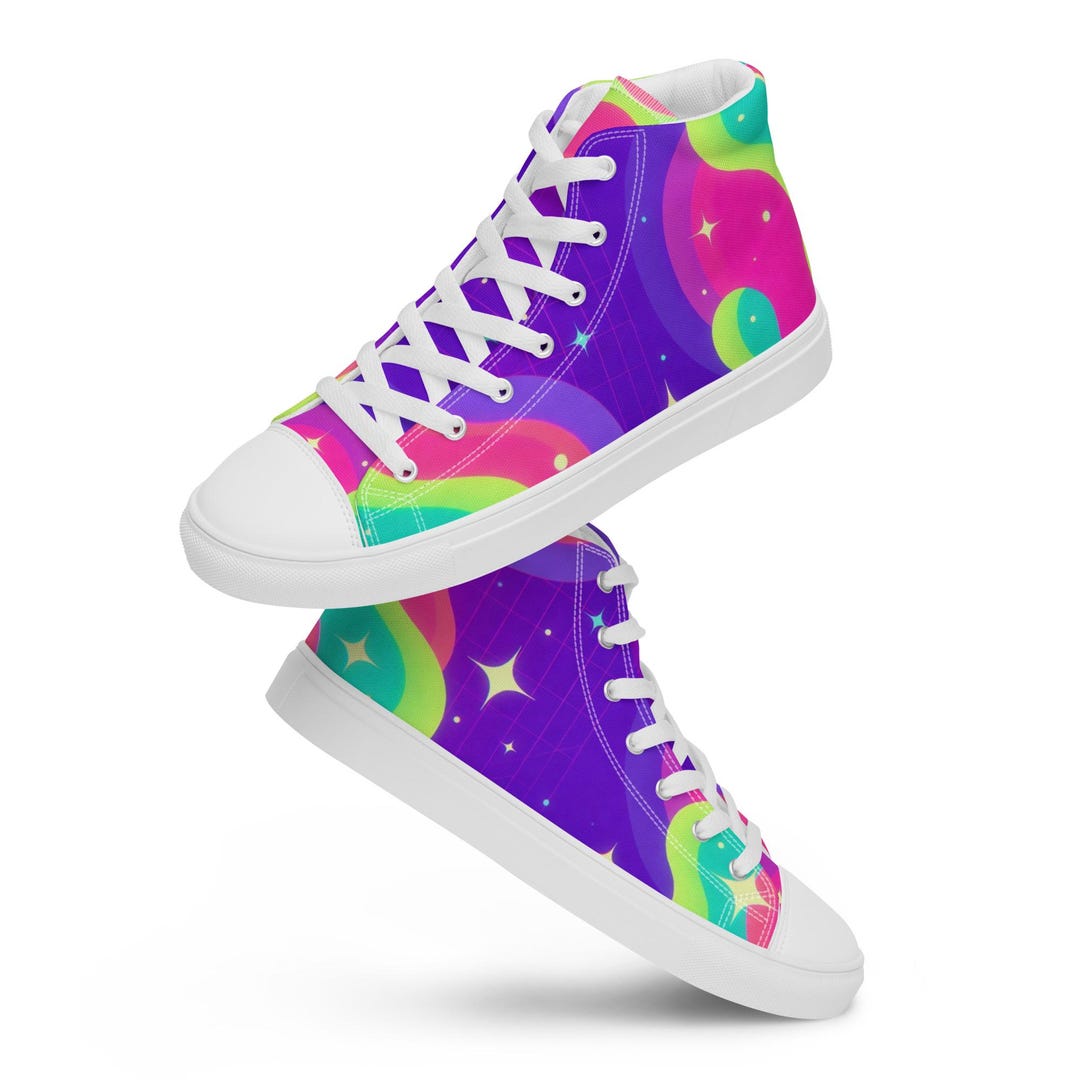 Men’s High Top Sneakers, Rainbow Wave Canvas Shoes, Colorful Lace up ...