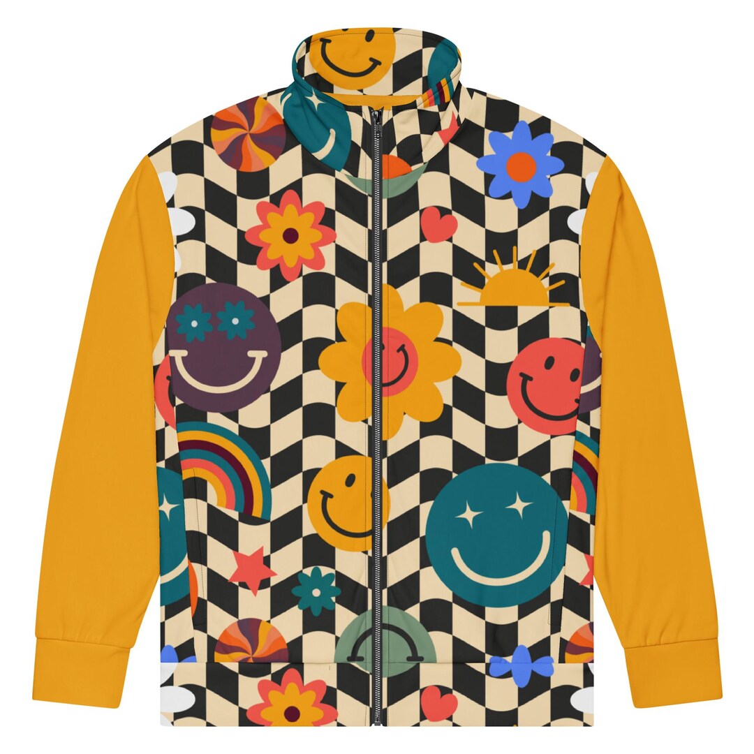 Retro Smiley Face Track Jacket, Yellow Checkered Jacket, Unisex Zip Up ...