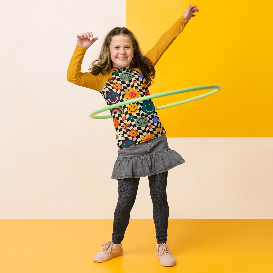Youth Rash Guard, Yellow Checkered Smiley Face Rash Guard, Retro Kids ...