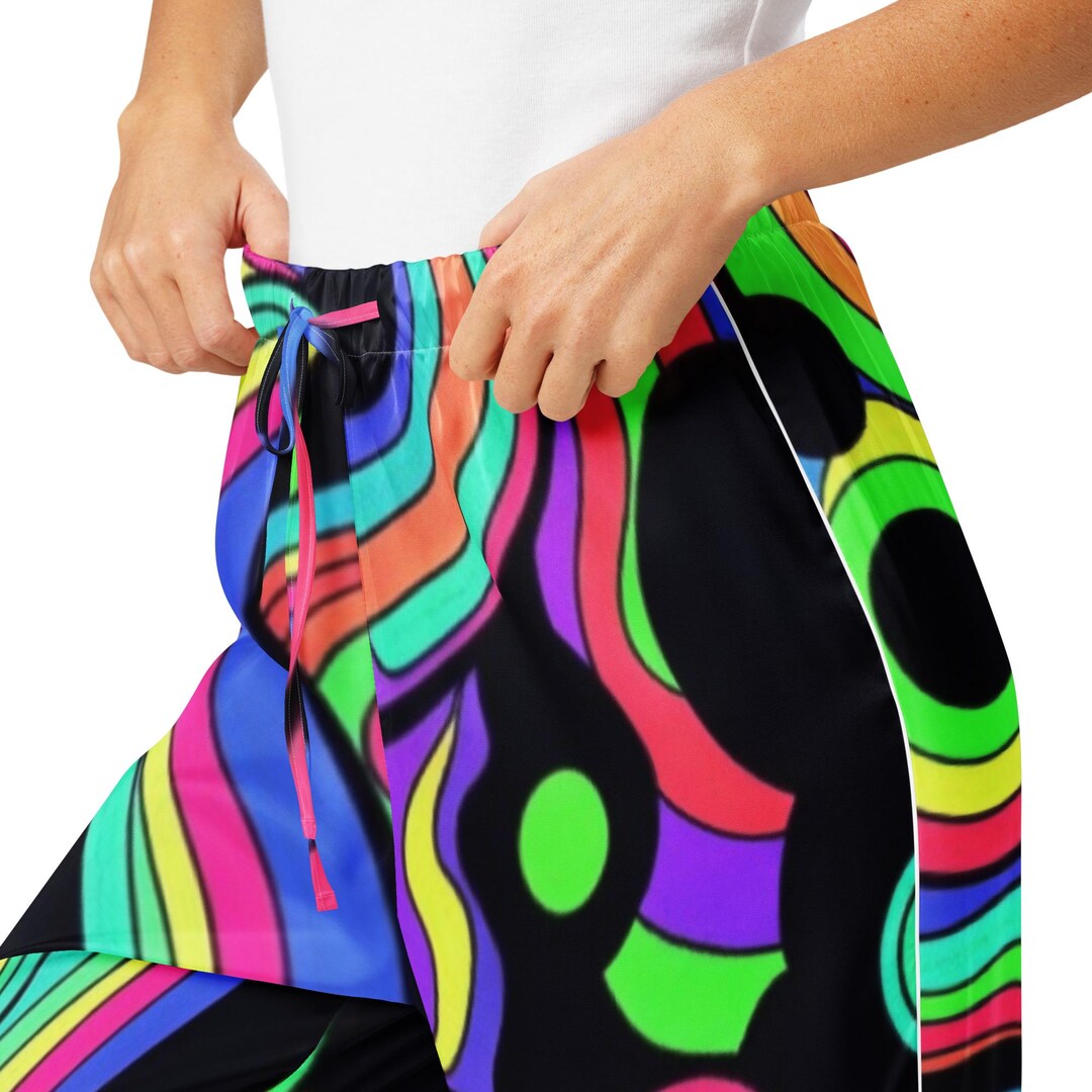 Black Neon Psychedelic Pajama Pants, Womens Trippy Lounge Pants, Retro ...