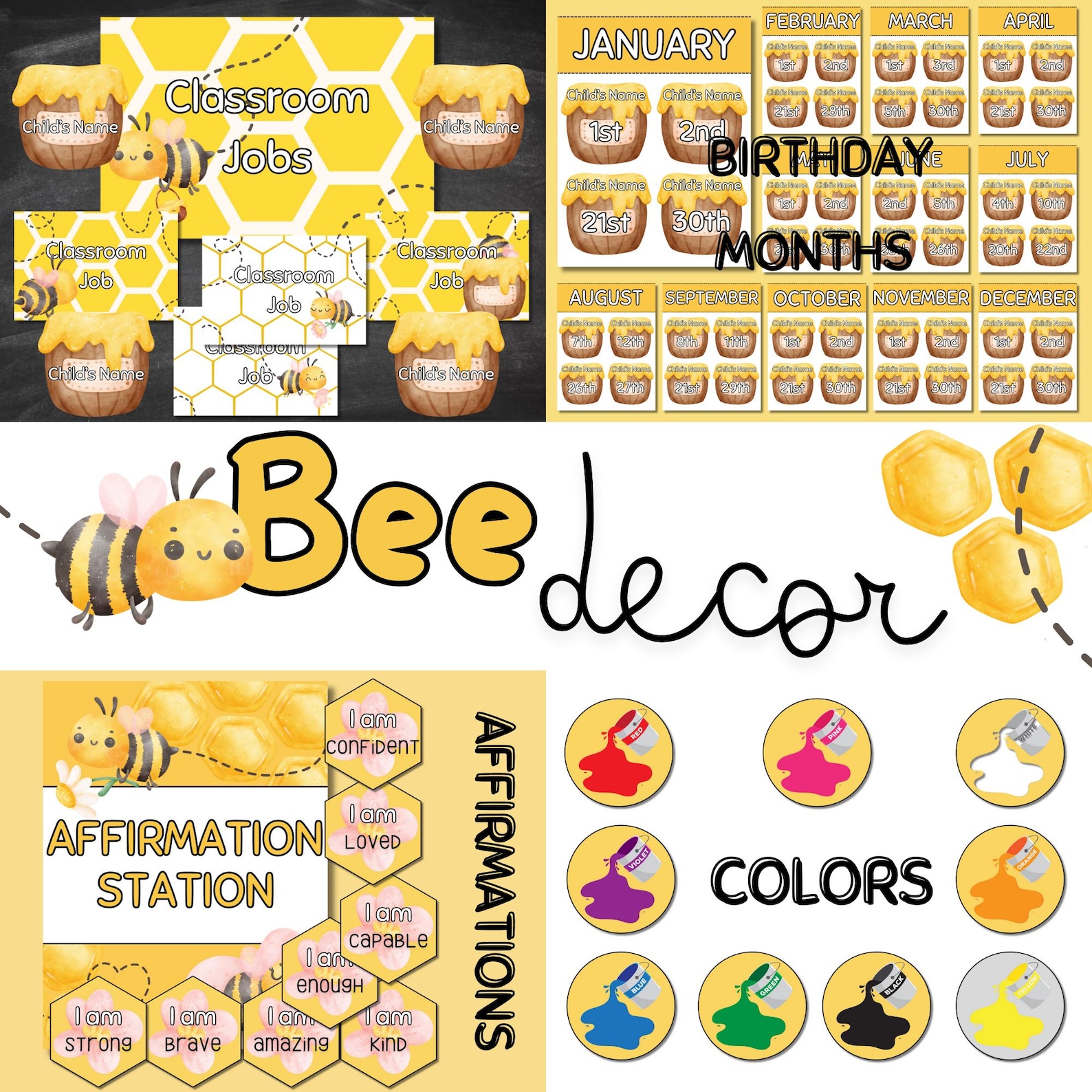DIGITAL Bee Themed Classroom Decor Bundle, Classroom Decoration, Bee ...