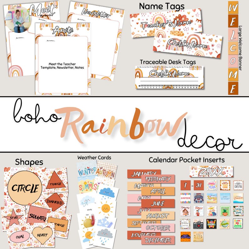 DIGITAL Boho Rainbow Themed Classroom Decor Bundle, Teacher, Boho ...
