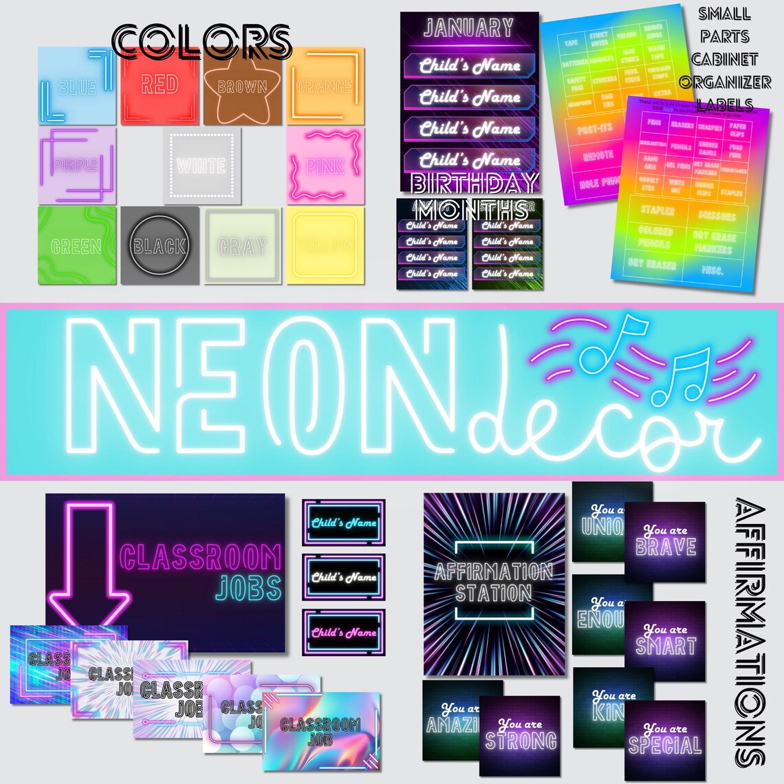 DIGITAL Neon Themed Classroom Decor Bundle, Classroom Decorations, Neon ...