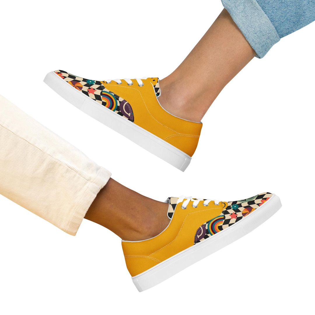 Retro Checkerboard Smiley Face Canvas Shoes, Womens Lace up Sneakers ...