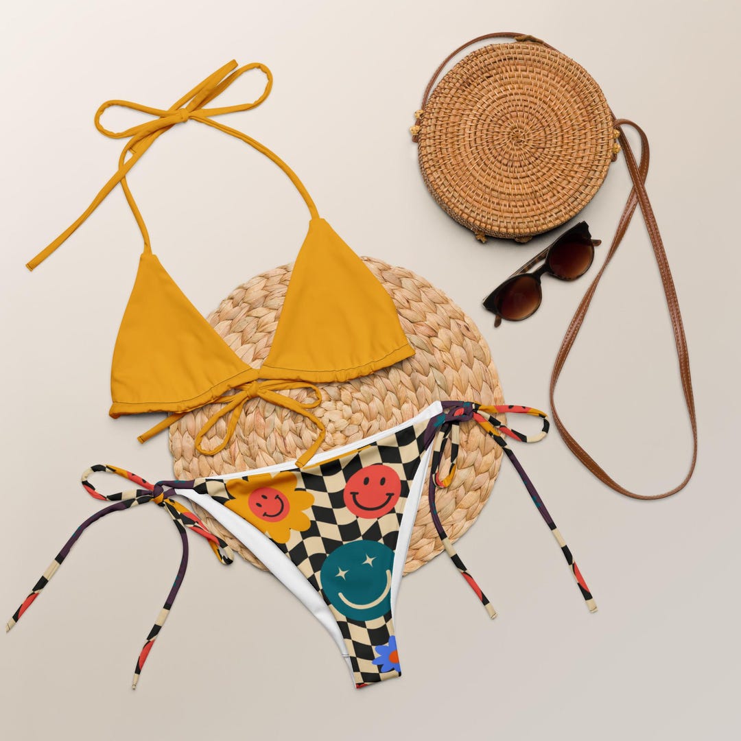 Yellow Checkered Smiley Face String Bikini, Retro Smiley Swimwear ...