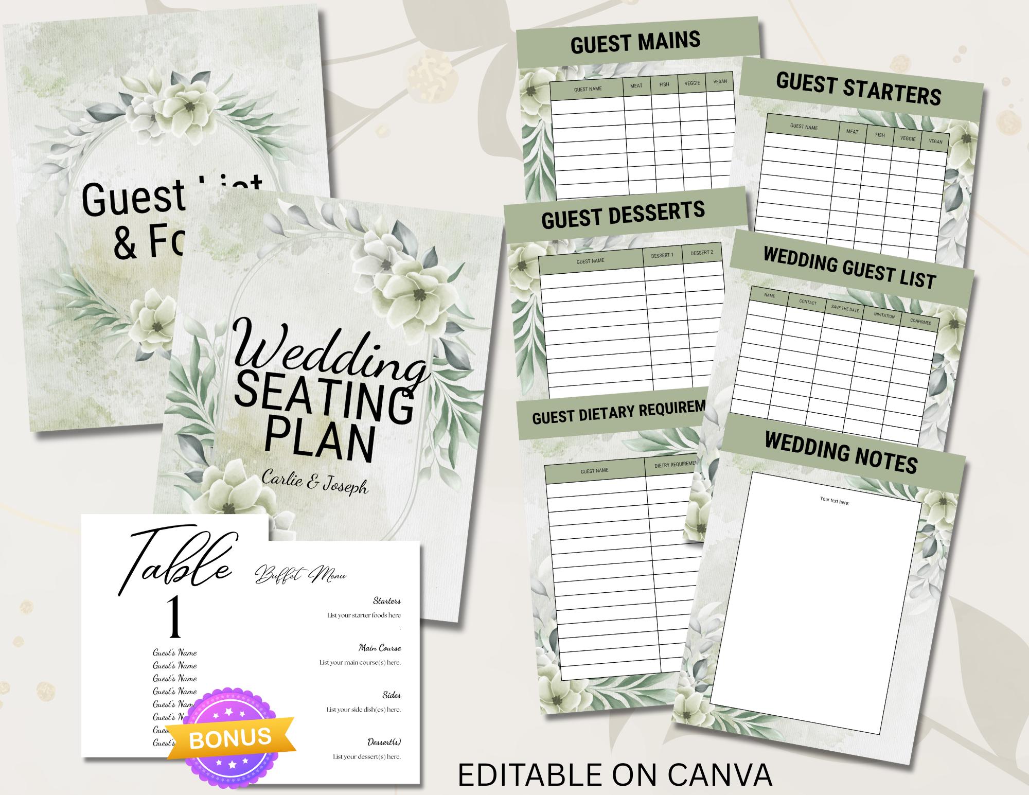 Printable Wedding Seating Chart, Wedding Guest List, Wedding Seating ...