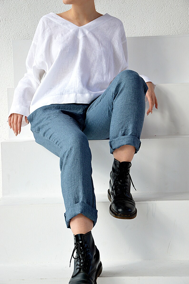 Denim Linen Pants / Linen Pants With Pockets / Long Linen - Etsy
