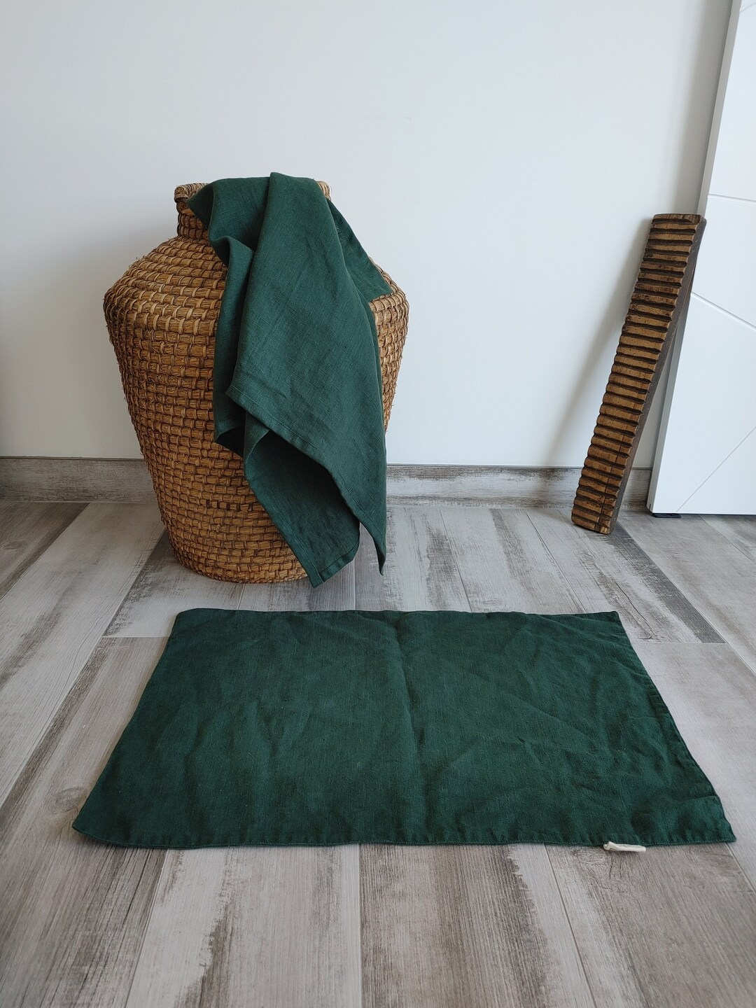 Linen Mat, Double-layered Feet Mat, Thick Linen Bath DARK EMERALD Bed ...