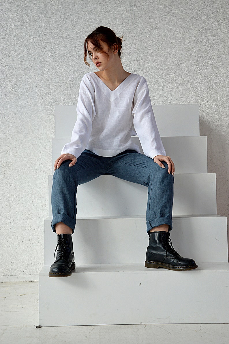 Denim linen pants / Linen pants with pockets / Long linen | Etsy