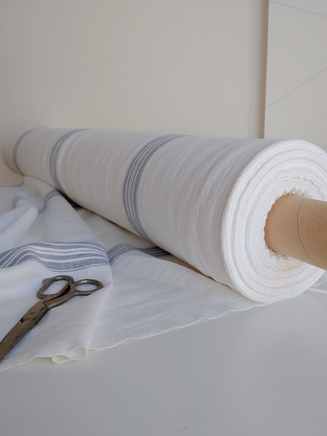 White Striped Linen Fabric, Thick Rustic Linen Fabric, 340 GSM Linen ...