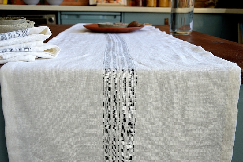 Linen Table Runner / Heavy Weight Runner / White With Strip / | Etsy
