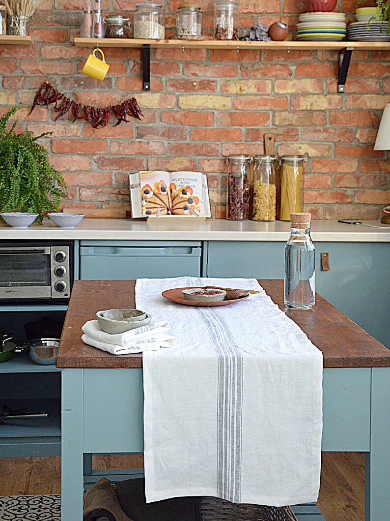 Linen Table Runner / Heavy Weight Runner / White With Strip / | Etsy