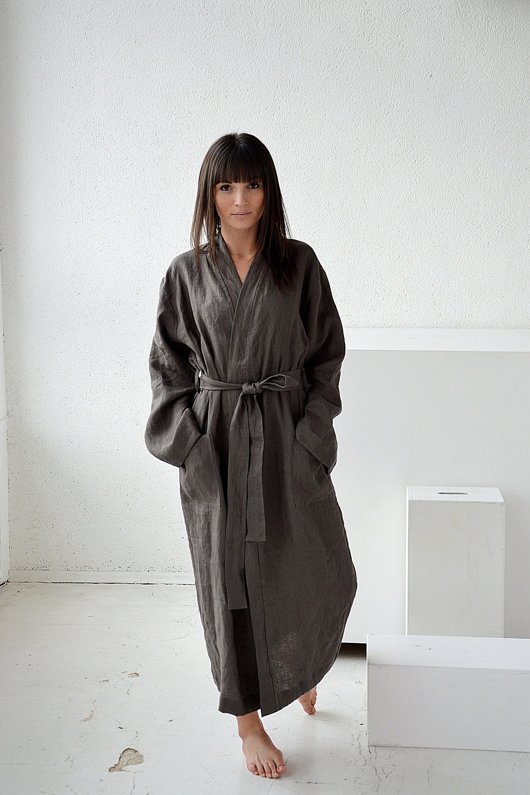 Weathered Wood Linen Morning Robe - Long Robe With Pockets - Long Linen ...